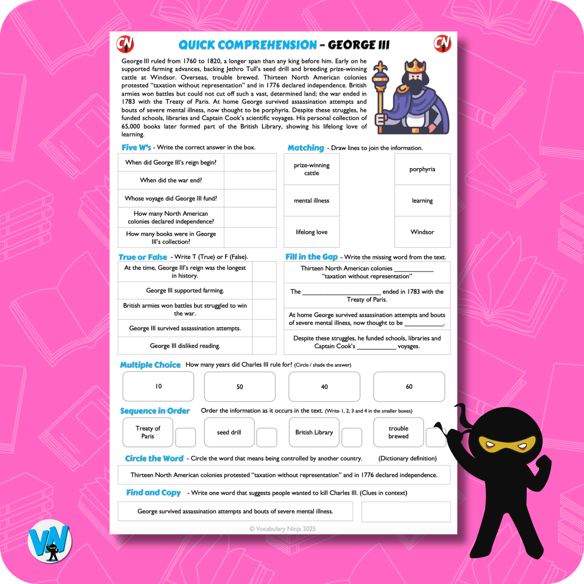 Quick Comprehension Topic Bundle – Y5 British Monarchs – Vocabulary Ninja