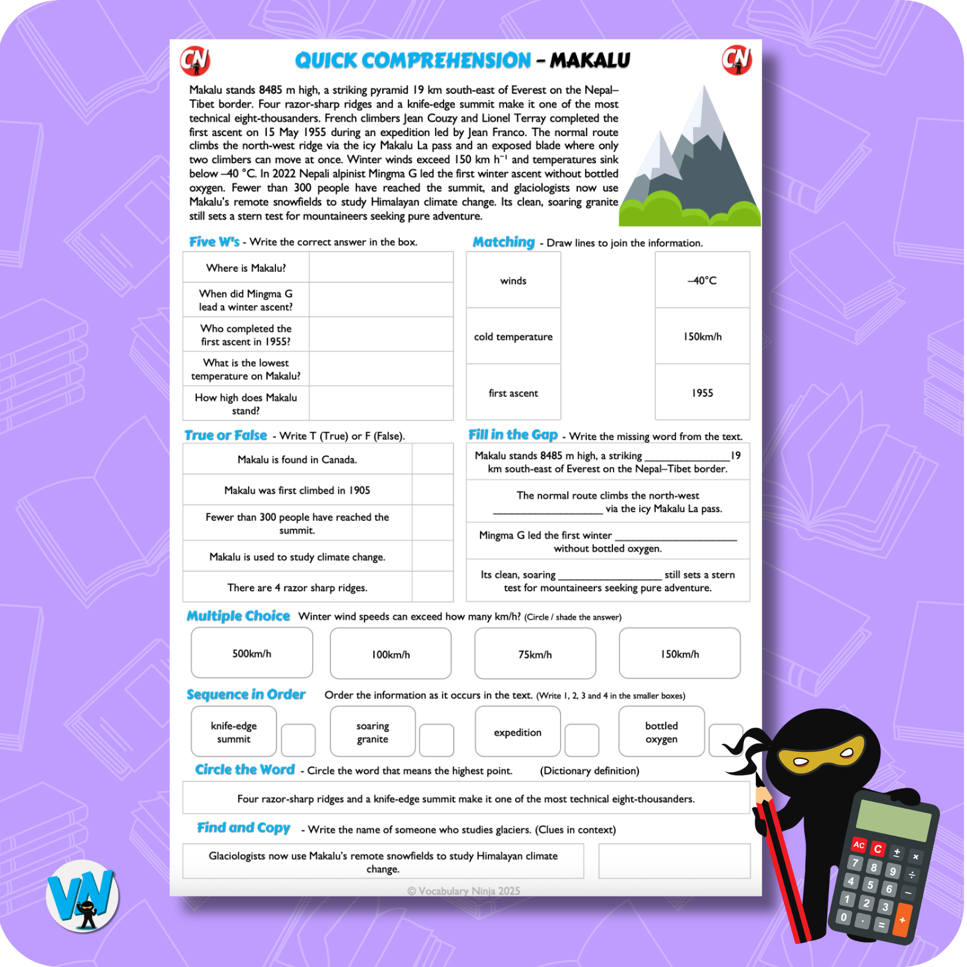 Quick Comprehension Topic Bundle – Y6 Mountains – Vocabulary Ninja