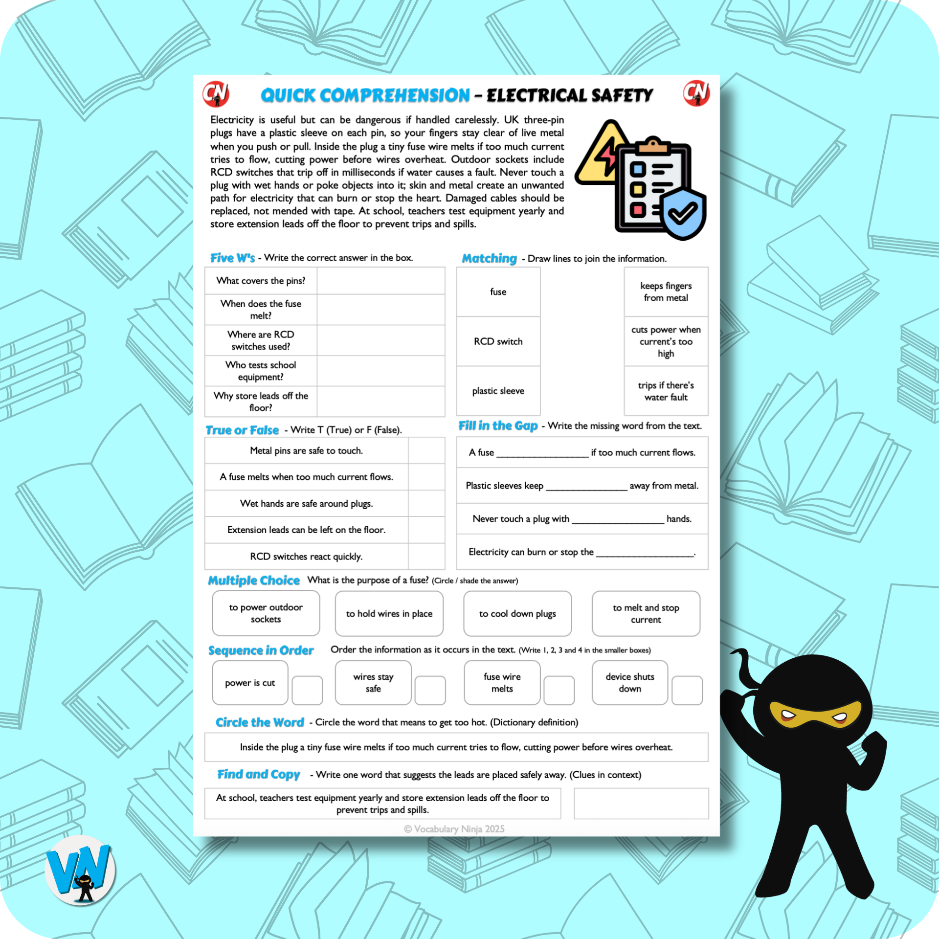 Quick Comprehension Topic Bundle – Y4 Electricity – Vocabulary Ninja